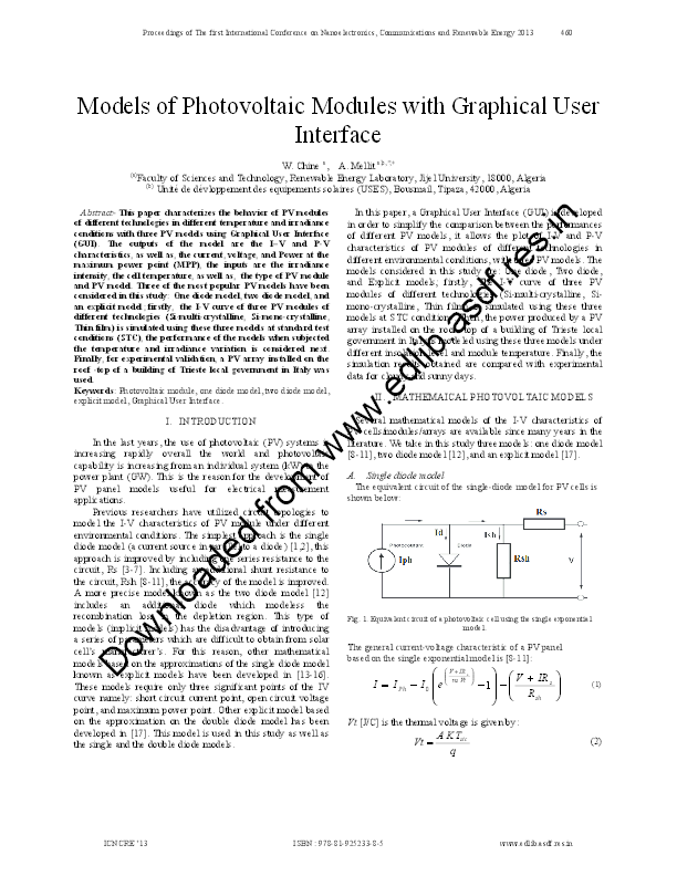 Pdf Models Of Photovoltaic Modules With Graphical User Interface