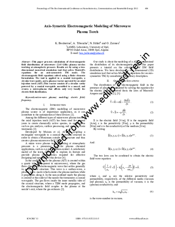 (PDF) Axis-Symetric Electromagnetic Modeling of Microwave Plasma Torch