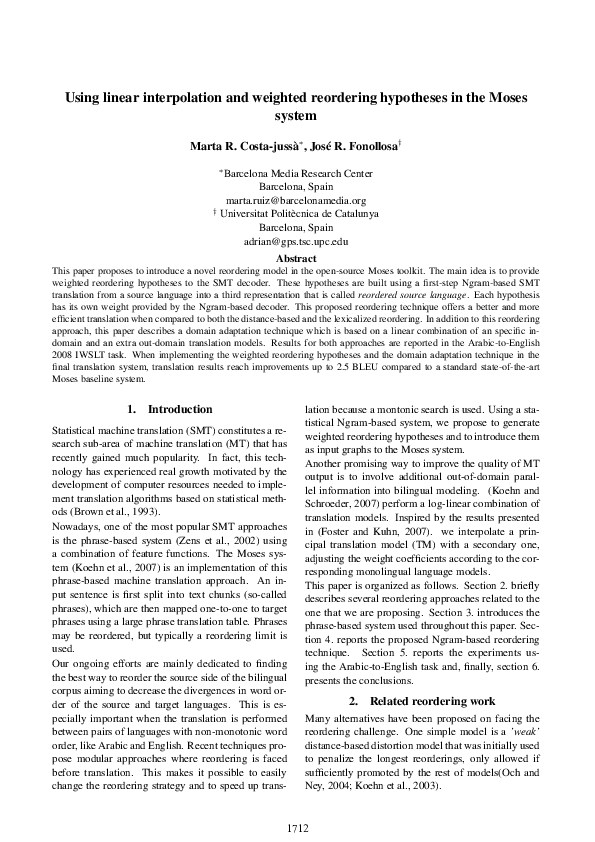 Pdf Using Linear Interpolation And Weighted Reordering Hypotheses In