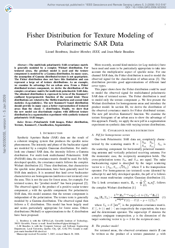 (PDF) Fisher Distribution for Texture Modeling of Polarimetric SAR Data