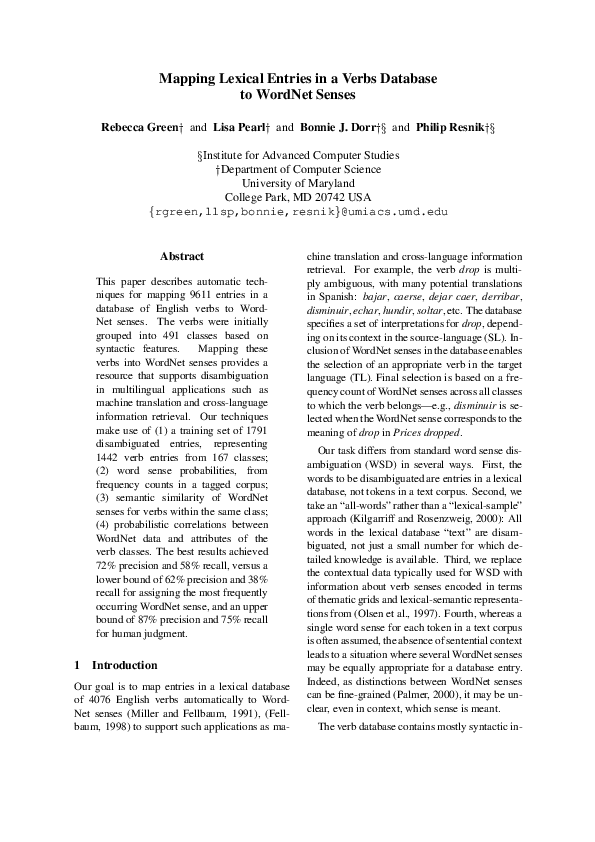 Pdf Mapping Lexical Entries In A Verbs Database To Wordnet Senses