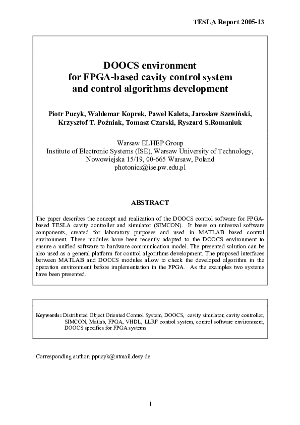 Pdf Doocs Environment For Fpga Based Cavity Control System And Control Algorithms Development