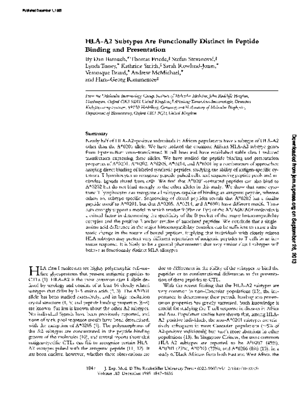 Pdf Hla A2 Subtypes Are Functionally Distinct In Peptide Binding And
