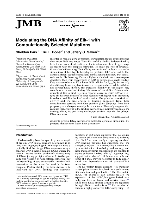 (PDF) Modulating the DNA Afﬁnity of Elk-1 with Computationally Selected ...