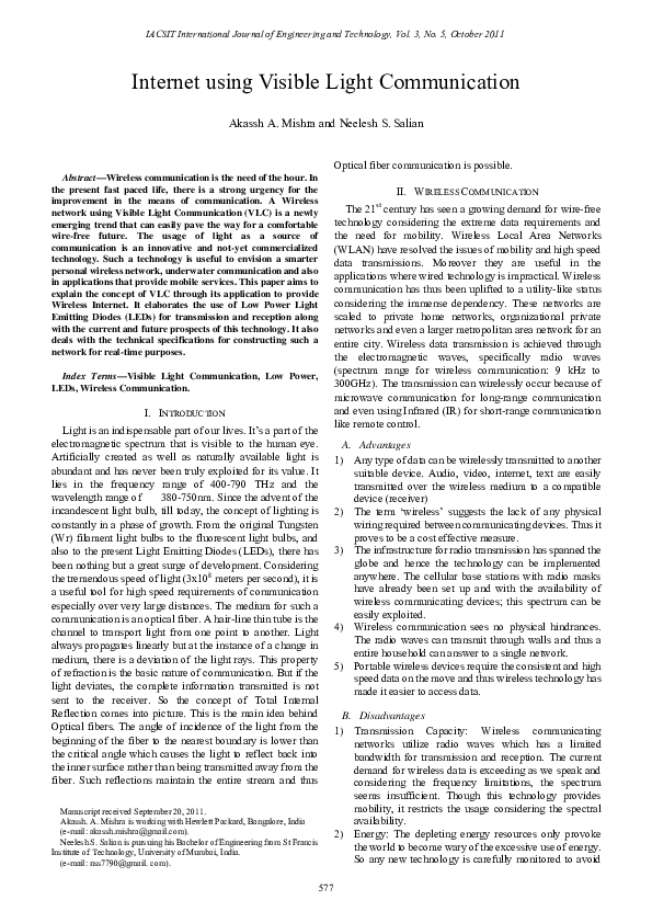 (PDF) Internet using Visible Light Communication