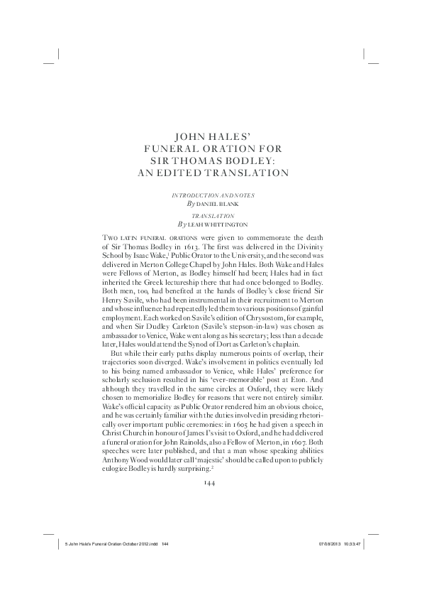 (PDF) John Hales' Funeral Oration for SIr Thomas Bodley: An Edited ...