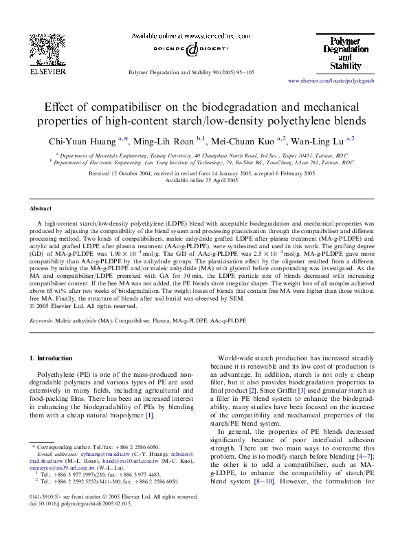 (PDF) Eﬀect of compatibiliser on the biodegradation and mechanical properties of high-content ...