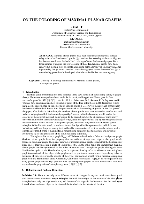 (PDF) ON THE COLORING OF MAXIMAL PLANAR GRAPHS