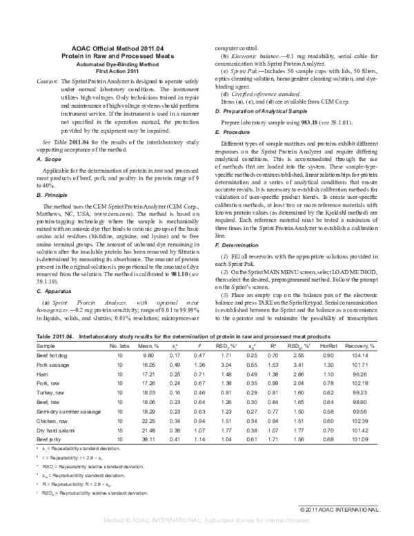 (PDF) 2011 AOAC INTERNATIONAL AOAC Official Method 2011.04 Protein in ...