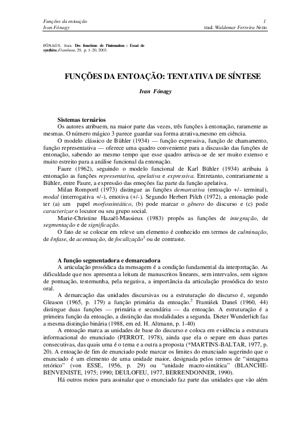 (PDF) FÓNAGY, Ivan. As funções da entoação: tentativa de síntese.