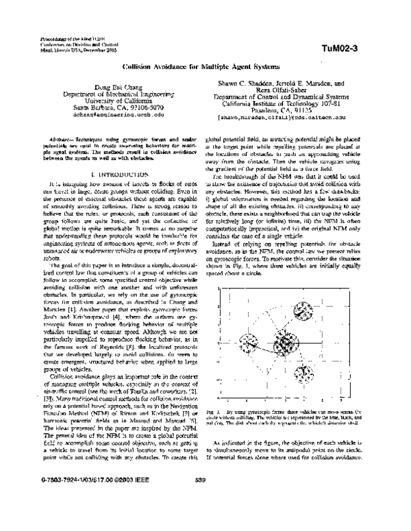 Pdf Collision Avoidance For Multiple Agent Systems