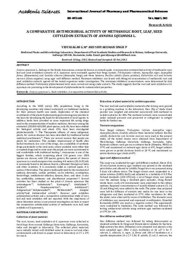 Pdf A Comparative Antimicrobial Activity Of Methanolic Extracts Of Root Leaf Seed Of Annona