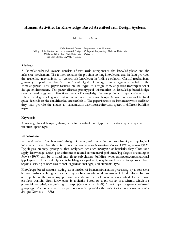 (PDF) Human Activities In Knowledge-Based Architectural Design Systems