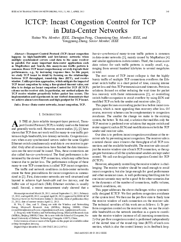 (PDF) ICTCP: Incast Congestion Control for TCP in Data-Center Networks