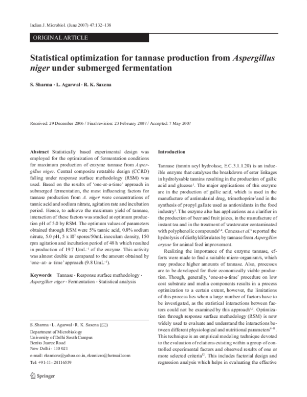 (PDF) ORIGINAL ARTICLE Statistical optimization for tannase production from Aspergillus niger ...
