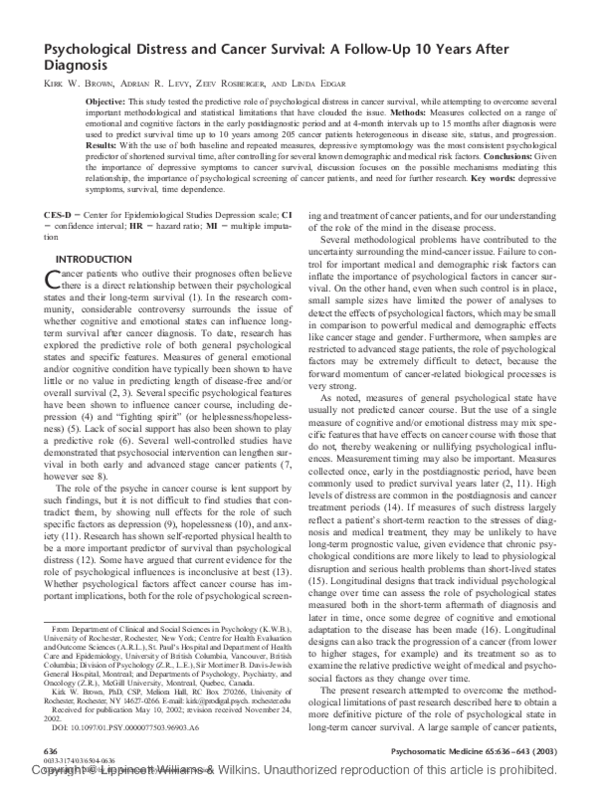 (PDF) Psychological Distress and Cancer Survival: A Follow-Up 10 Years ...