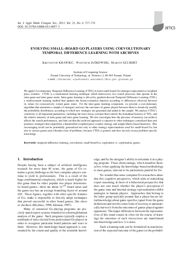 (PDF) EVOLVING SMALL–BOARD GO PLAYERS USING COEVOLUTIONARY TEMPORAL DIFFERENCE LEARNING WITH ...