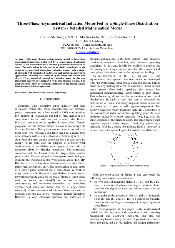 Pdf Three Phase Asymmetrical Induction Motor Fed By A Single Phase Distribution System
