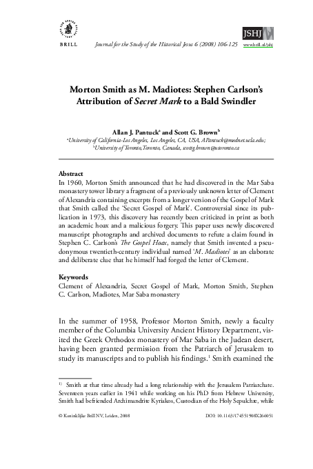 (PDF) Morton Smith as M. Madiotes: Stephen Carlson’s Attribution of ...