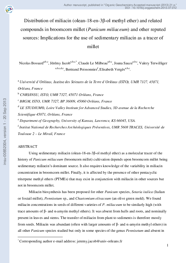 Distribution of miliacin (olean-18-en-3β-ol methyl ether) and related ...