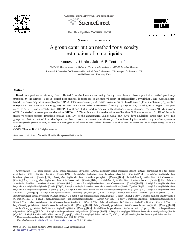 Short communication A group contribution method for viscosity estimation of ionic liquids