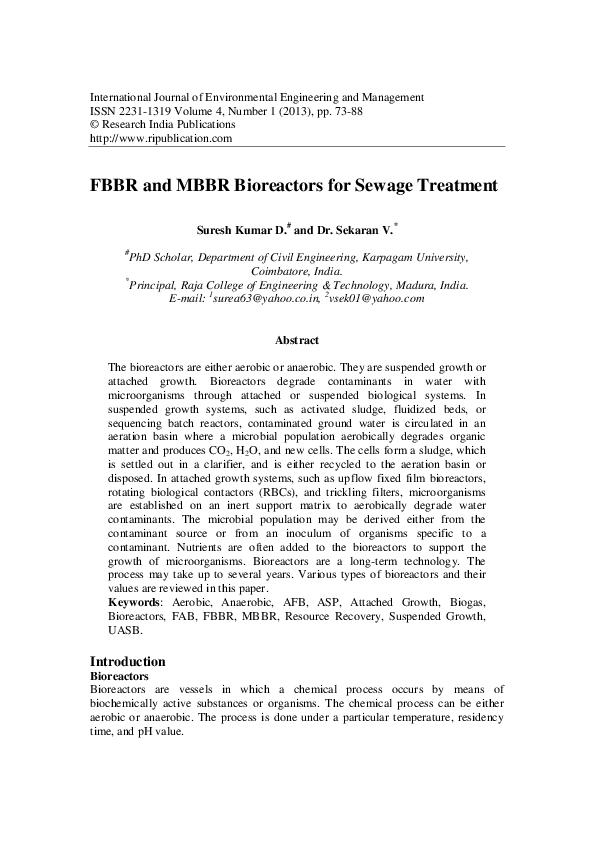 (PDF) FBBR and MBBR Bioreactors for Sewage Treatment