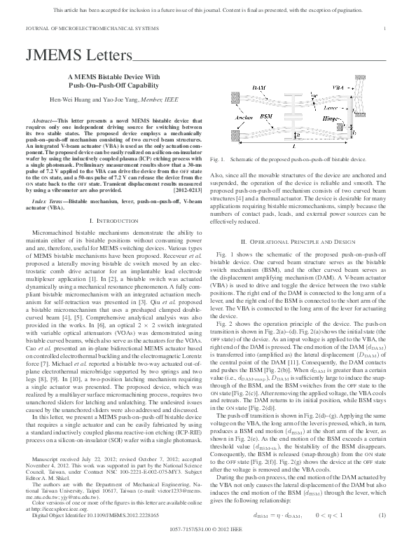 (PDF) JMEMS Letters A MEMS Bistable Device With Push-On–Push-Off Capability