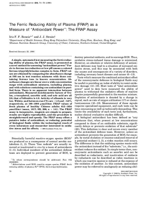 (PDF) The FRAP as a measure of antioxidant power The FRAP assay