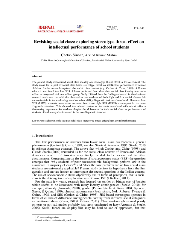 (PDF) Revisiting social class: exploring stereotype threat effect on ...