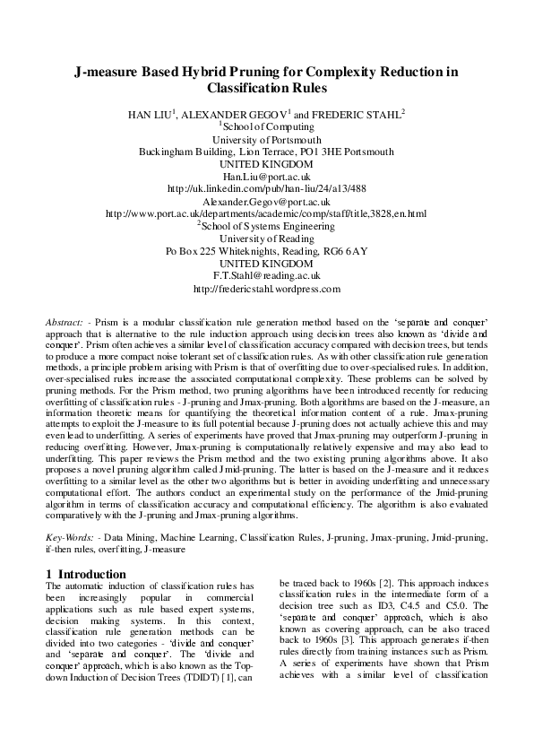 (PDF) J-Measure Based Hybrid Pruning for Complexity Reduction in Classification Rules