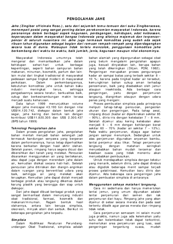 (PDF) PENGOLAHAN JAHESyarat Mutu Jahe Kering (Sesuai SNI 01-3393-1994 ...