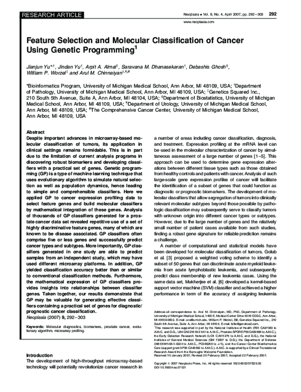 (PDF) Feature Selection and Molecular Classification of Cancer Using Genetic Programming1