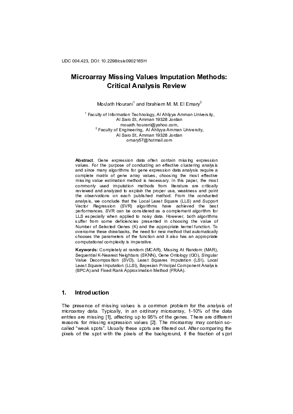 (PDF) Microarray missing values imputation methods: Critical analysis review