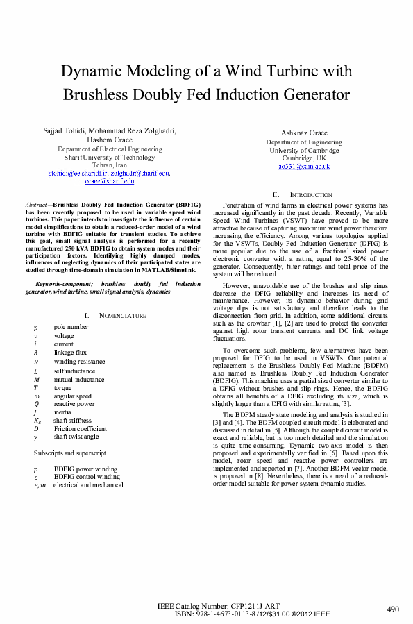 Pdf Dynamic Modeling Of A Wind Turbine With Brushless Doubly Fed Induction Generator