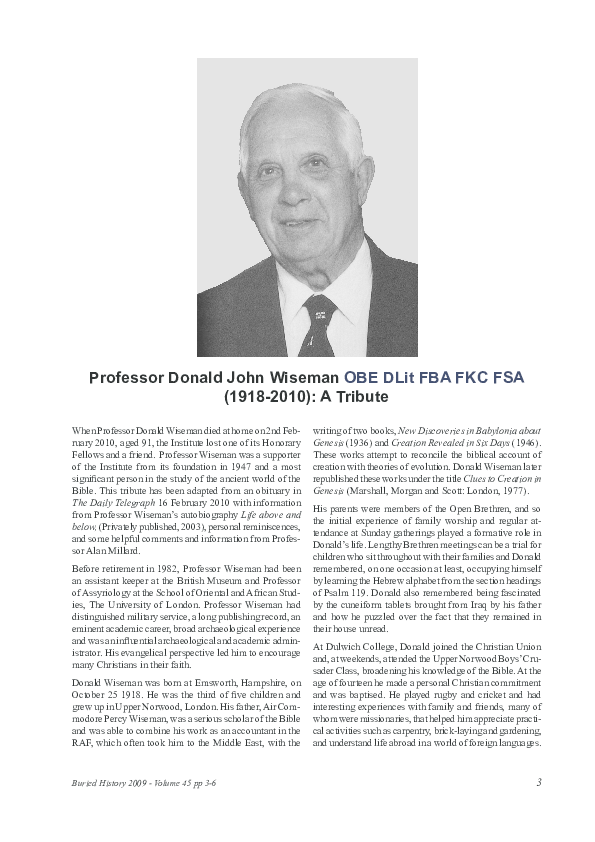 (PDF) Professor Donald John Wiseman OBE DLit FBA FKC FSA (1918-2010): A ...