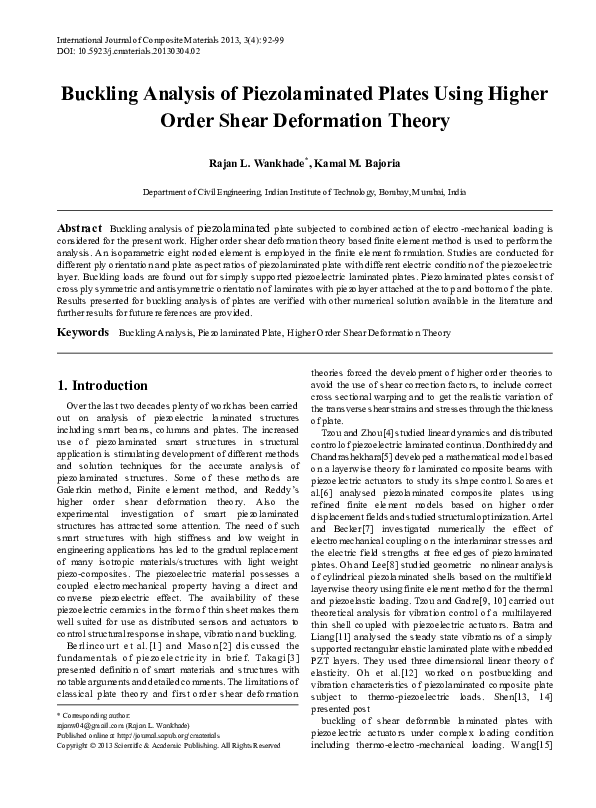 Pdf Buckling Analysis Of Piezolaminated Plates Using Higher Order Shear Deformation Theory