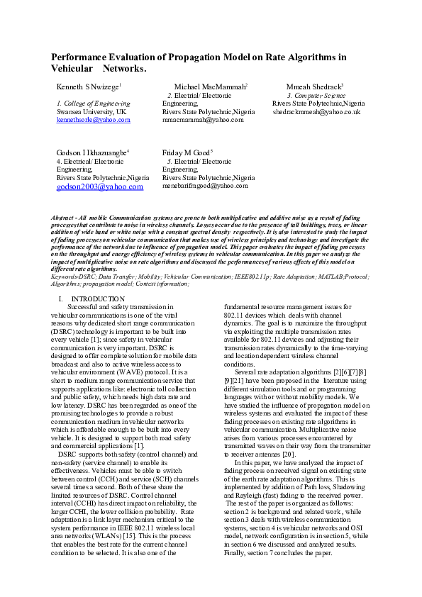 Doc Performance Evaluation Of Propagation Model On Rate Algorithms In Vehicular Networks