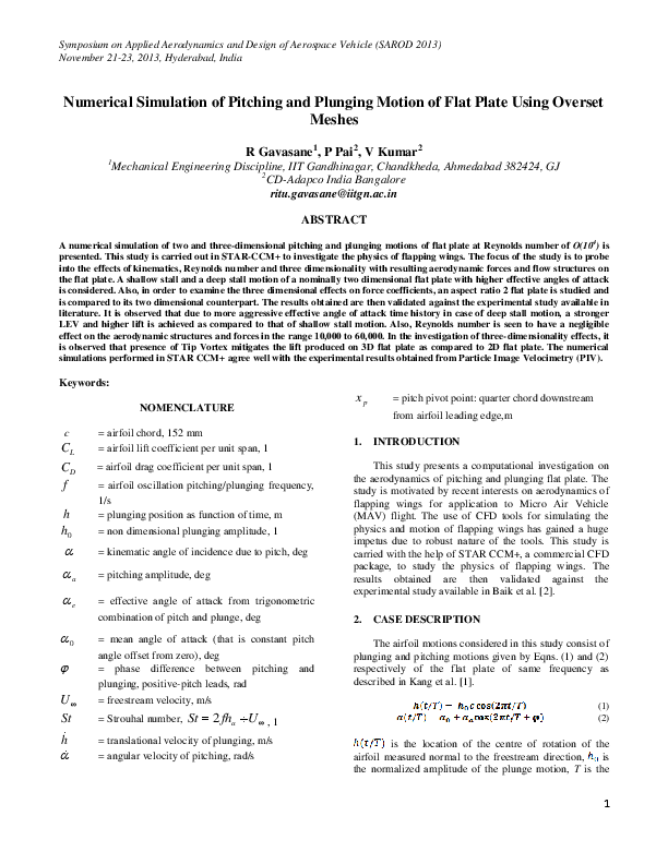 (PDF) Numerical Simulation of Pitching and Plunging Motion of Flat ...