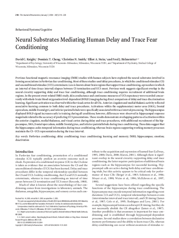Pdf Neural Substrates Mediating Human Delay And Trace Fear Conditioning