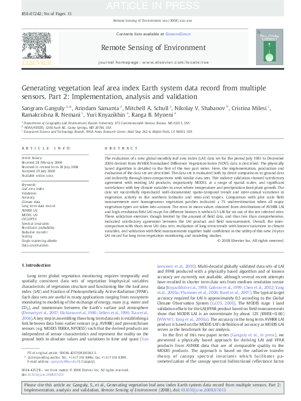 (PDF) Generating vegetation leaf area index Earth system data record from multiple sensors. Part ...