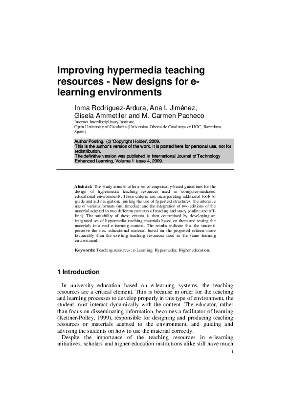 (PDF) Improving hypermedia teaching resources – New designs for e-learning environments