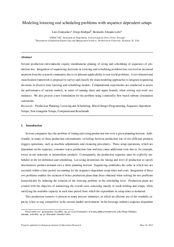 Pdf Modeling Lotsizing And Scheduling Problems