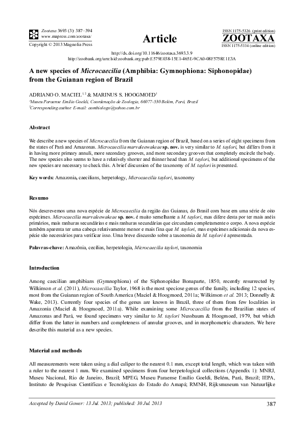(PDF) A new species of Microcaecilia (Amphibia: Gymnophiona ...