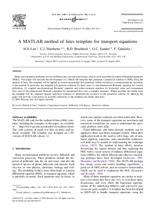 (PDF) A MATLAB method of lines template for transport equations 2003