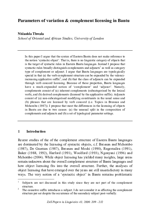 Pdf Parameters Of Variation And Complement Licensing In Bantu