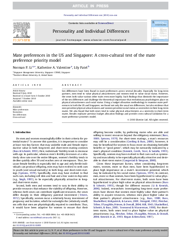 (PDF) Mate preferences in the US and Singapore: A cross-cultural test ...