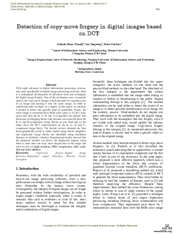 Pdf Detection Of Copy Move Forgery In Digital Images Based On Dct Nathalie D Wandji
