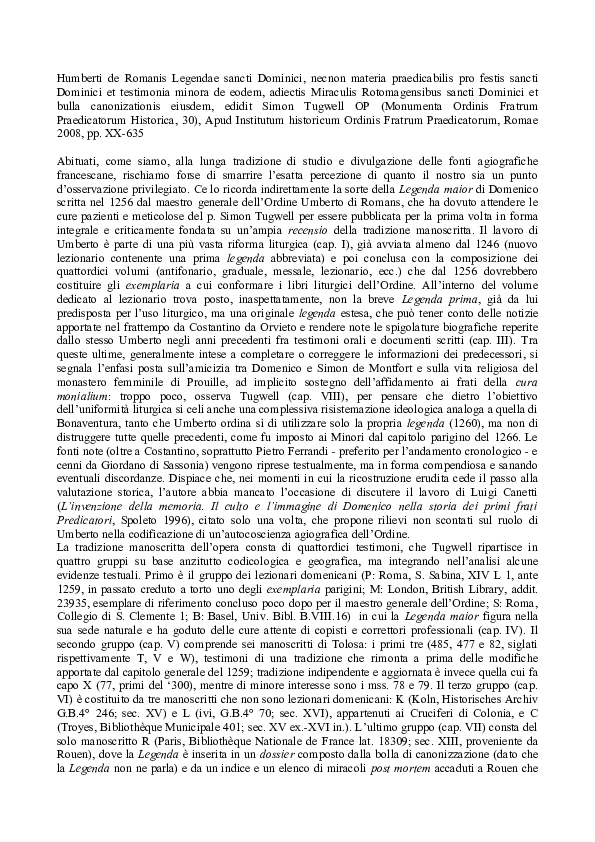 (DOC) Humberti de Romanis Legendae sancti Dominici. Edidit Simon ...