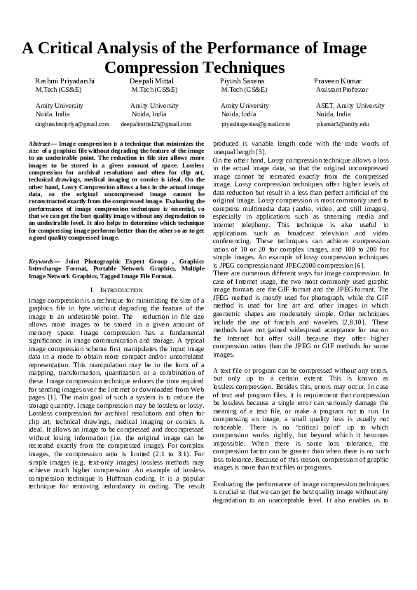 (DOC) A Critical Analysis of the Performance of Image Compression Techniques