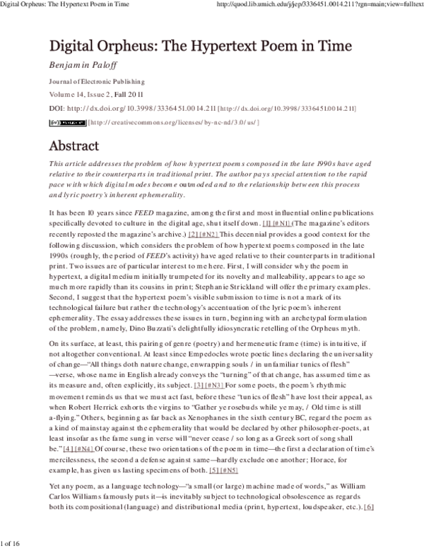 (PDF) Digital Orpheus: The Hypertext Poem in Time